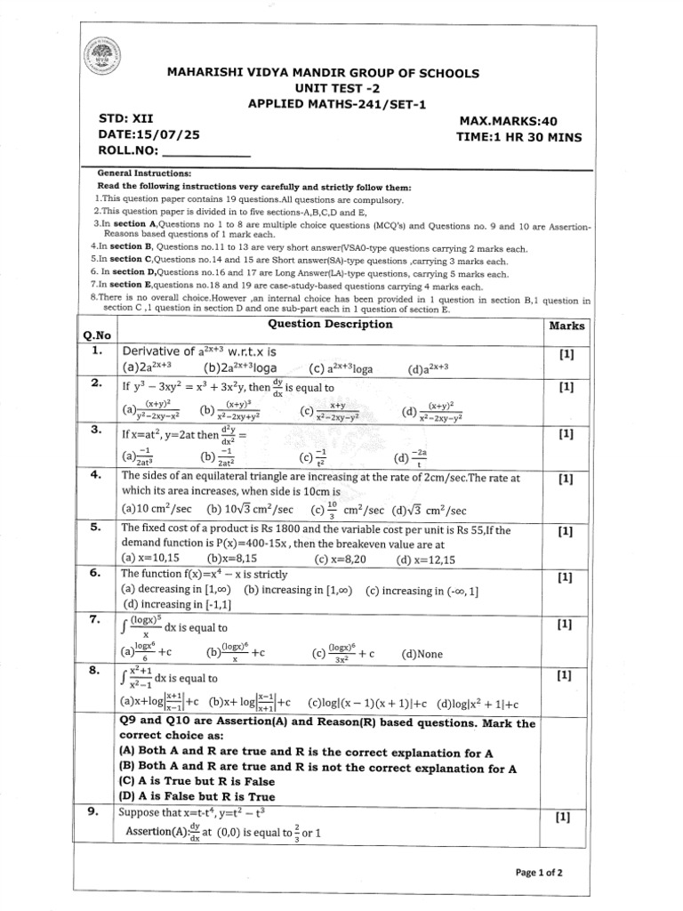 XII App Mathematics QP 15.7.2025 | PDF