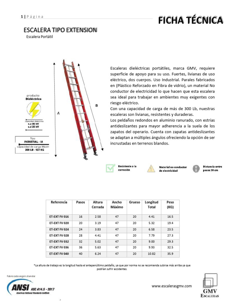 Ficha Técnica - Escalera Extension Fibra de Vidrio GMV | PDF | Materiales