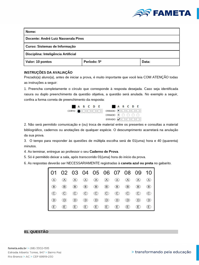 Prova A1 - Inteligência Artificial | PDF | Conhecimento | Inteligência artificial