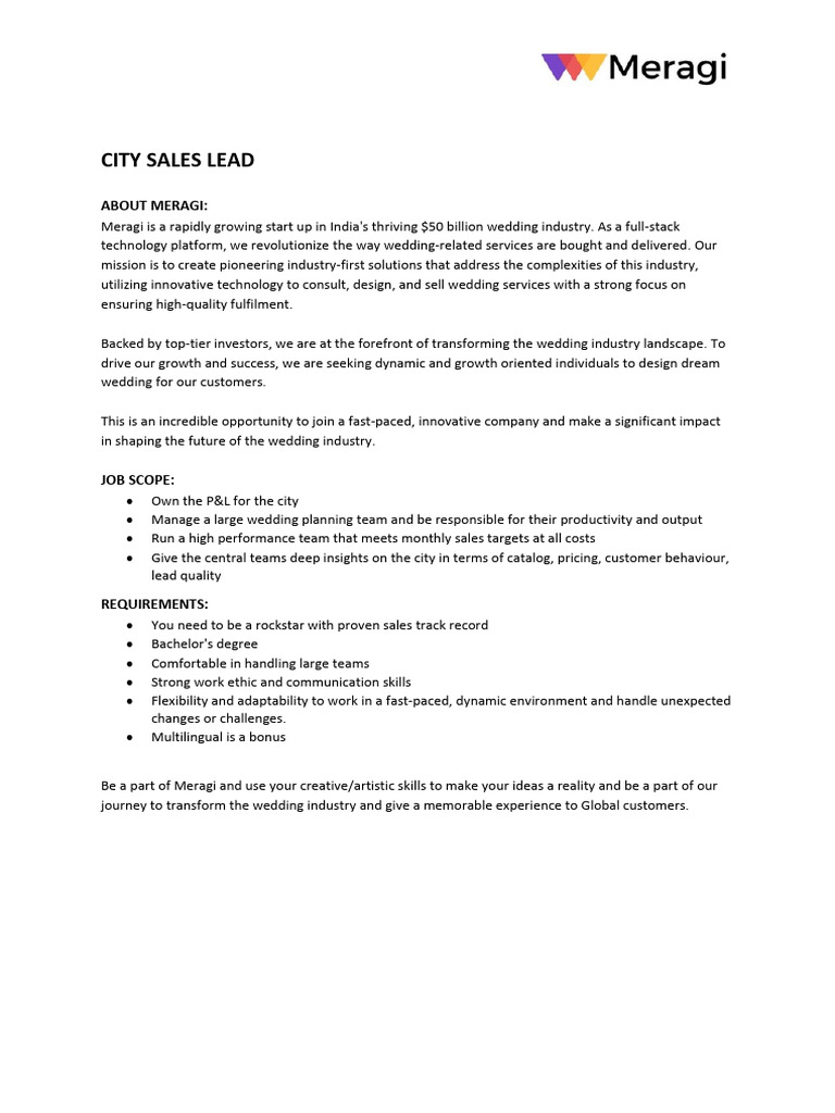 Meragi - JD - City Sales Head | PDF