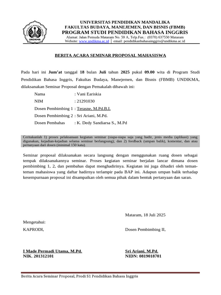 Template BAP Dan Daftar Hadir SEMPRO VANI | PDF