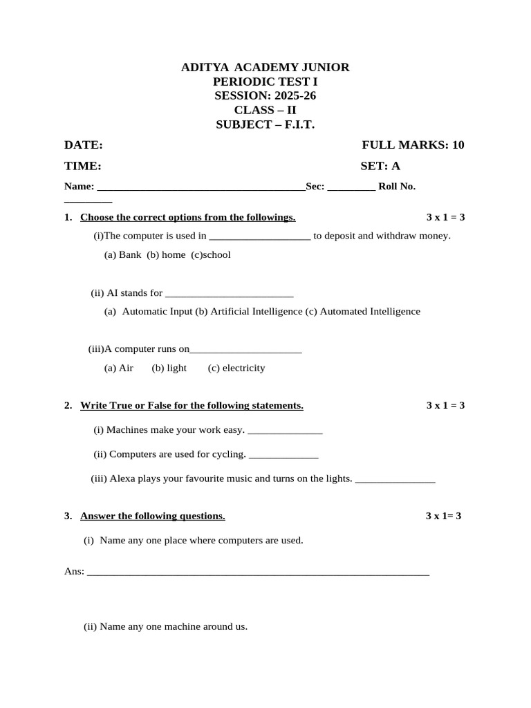 FIT Question Paper Class 2 Set 1 | PDF