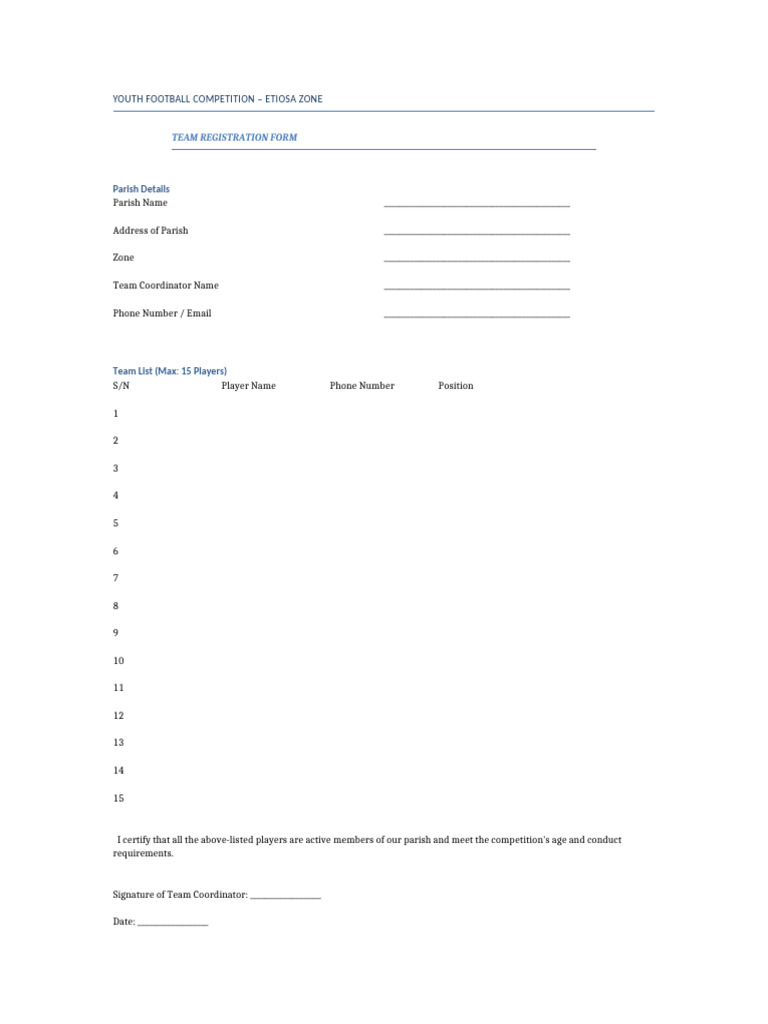 Youth Football Registration Form Etiosa | PDF