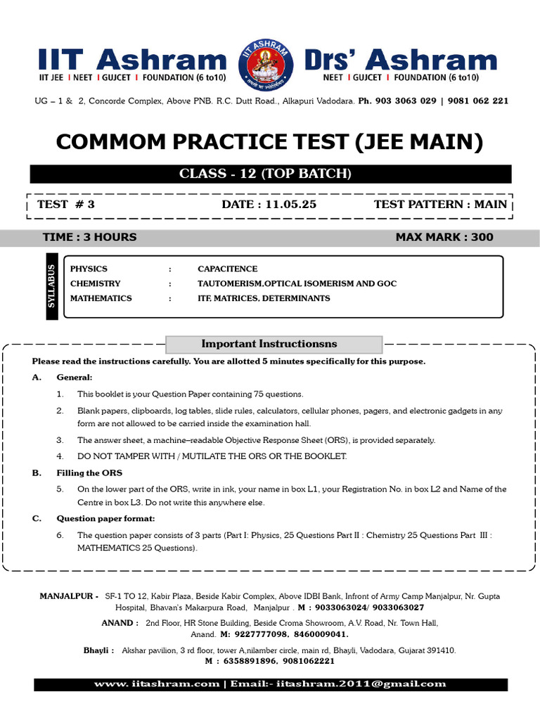 JEE Main Practice Test: Physics, Chemistry, Math | PDF | Capacitor ...