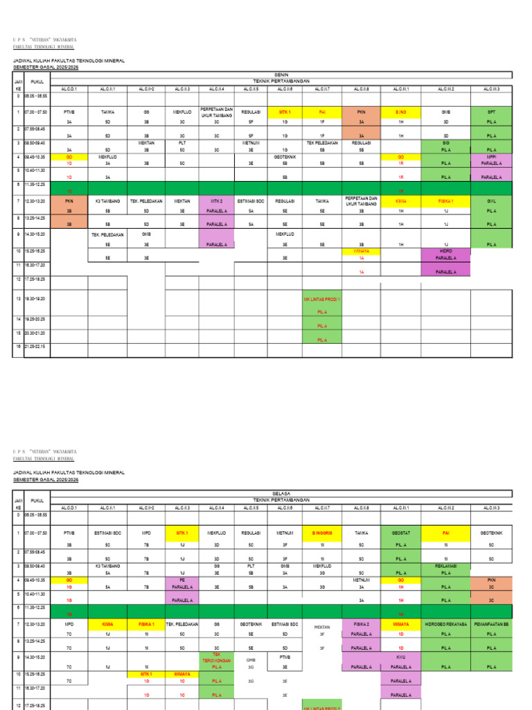 Rencana Jadwal Kuliah Semester Gasal 2025-2026 - Prodi TA - FINAL | PDF