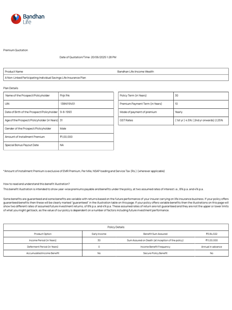 Bandhan Life iIncome Wealth Quotation | PDF | Insurance | Life Insurance