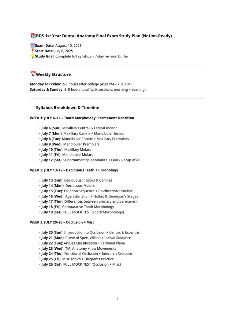 BDS 1st Year Dental Anatomy Study Plan | PDF | Dental Anatomy | Dentistry
