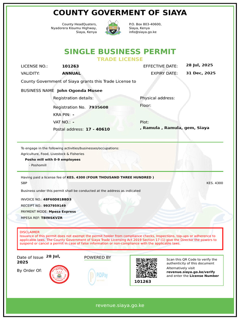 Siaya County Business Permit Details | PDF