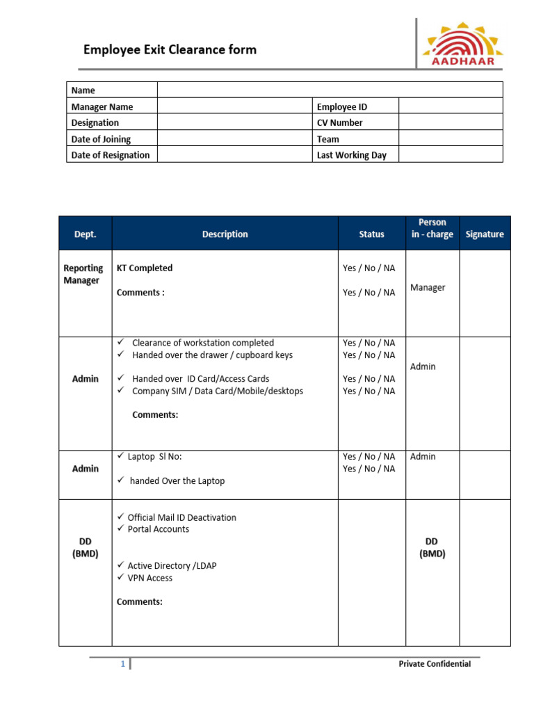 UIDAI Exit Clearance Form | PDF | Computing | Access Control