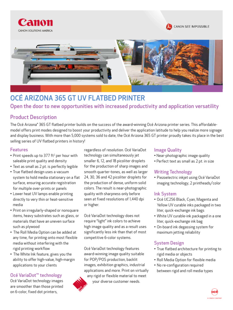 Océ Arizona 365 GT Flatbed Printer Overview | PDF | Printer (Computing ...