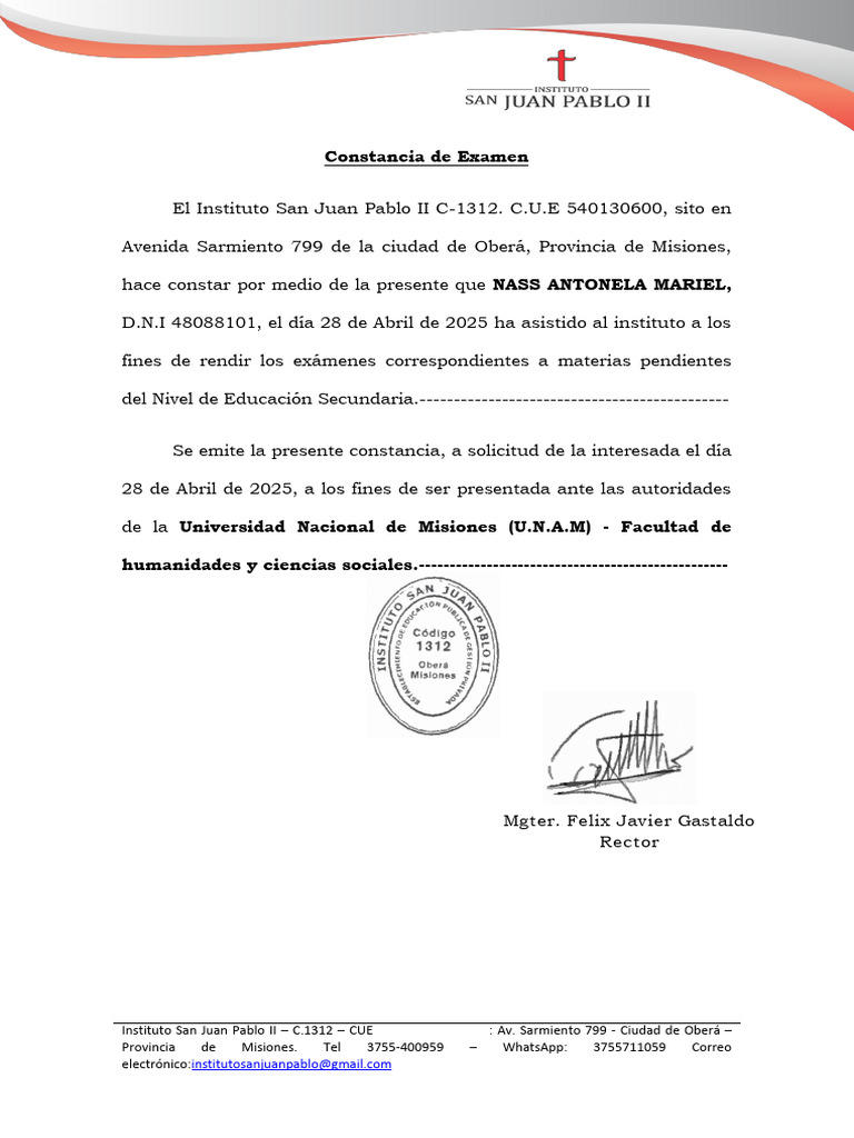 Constancia de Exámen Nass | PDF