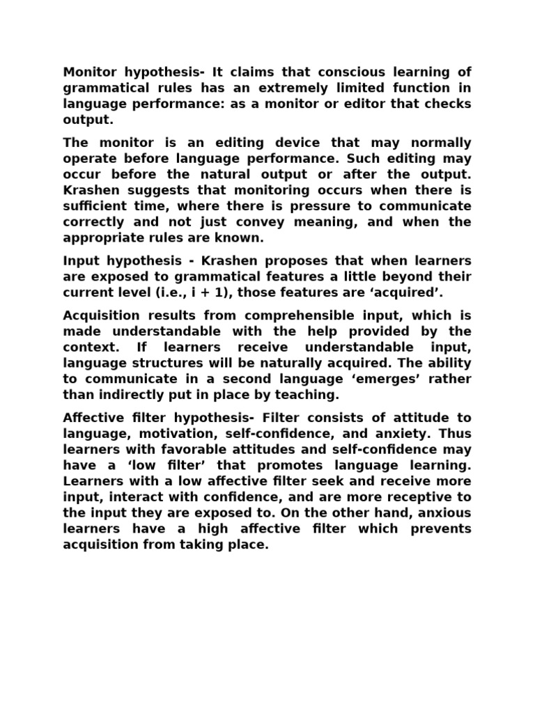 Monitor Hypothesis and Input Hypothesis | PDF