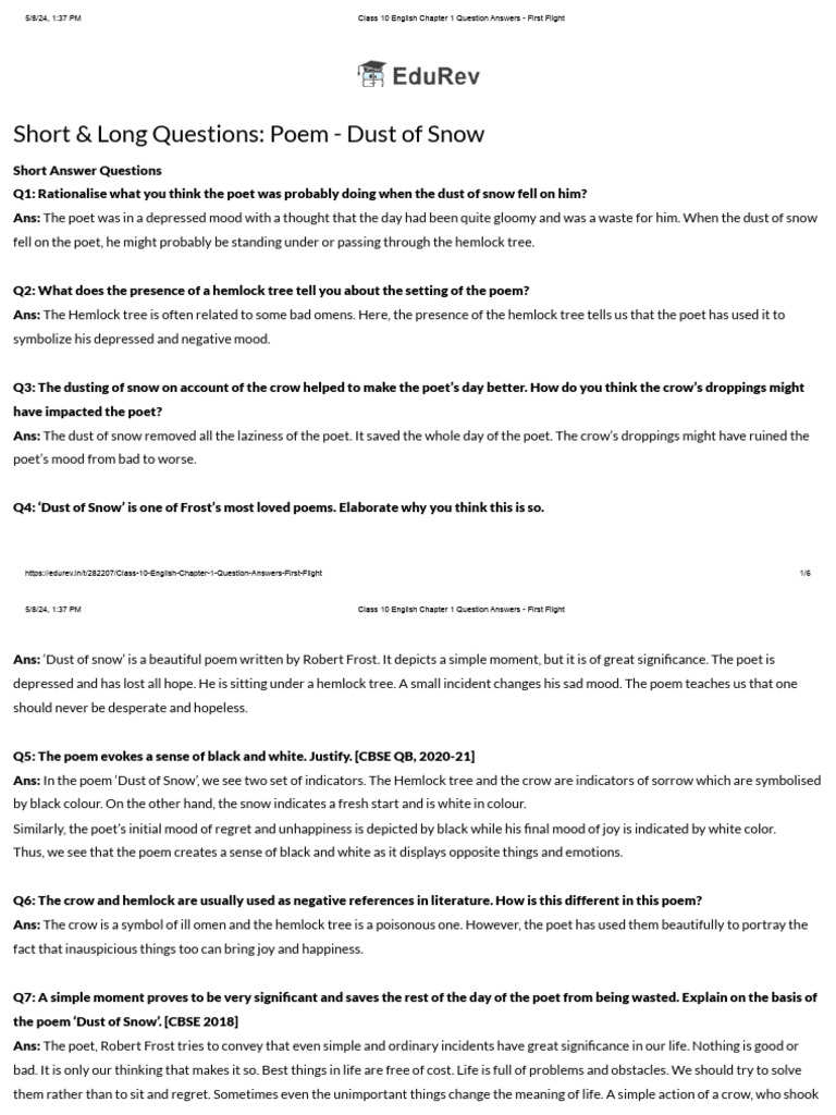 Class 10 English Chapter 1 Short Question Answers - First Flight | PDF | Mood (Psychology ...