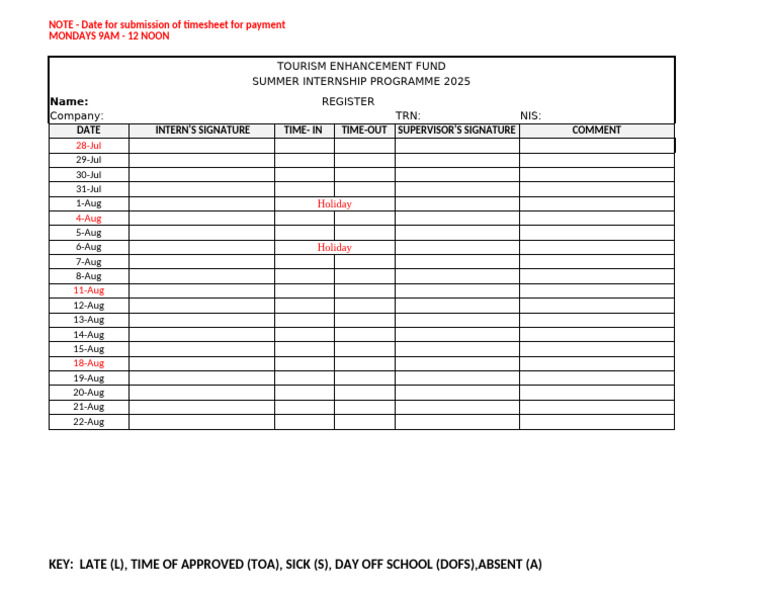 SIP July - August Timesheet 2025 | PDF
