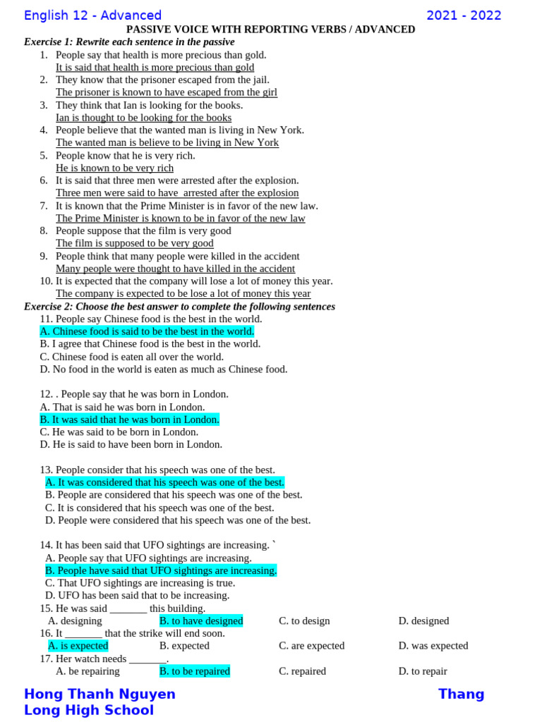 Advanced Passive Voice Exercises | PDF