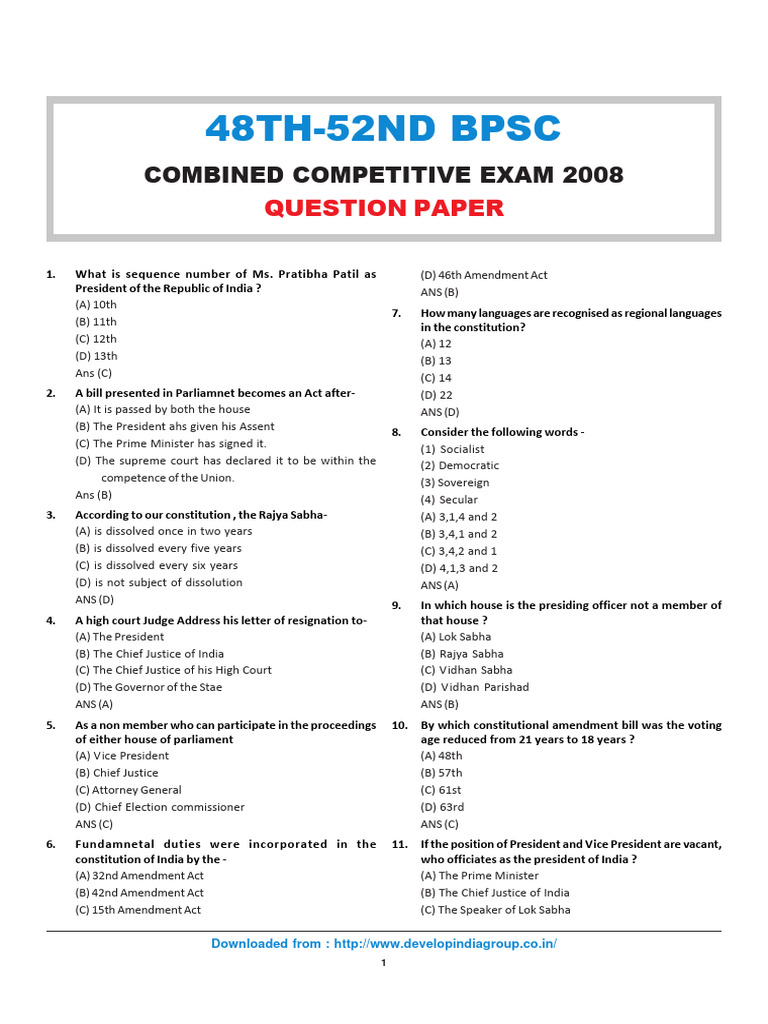 48th-52nd BPSC Combined Competitive Exam 2008 Question Paper | PDF ...