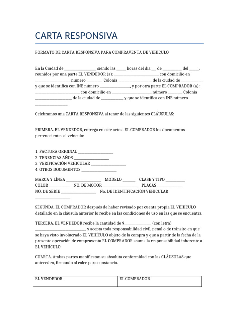 Formato de Carta Responsiva Vehicular | PDF