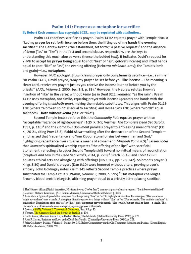 Psalm 141 - Prayer As A Metaphor For Sacrifice | PDF | Second Temple | Sacrifice