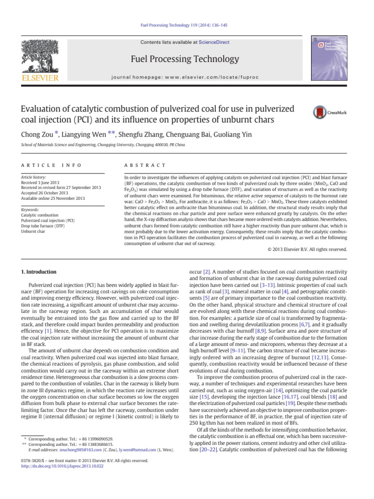 Catalytic Combustion in Pulverized Coal Injection | PDF | Combustion ...