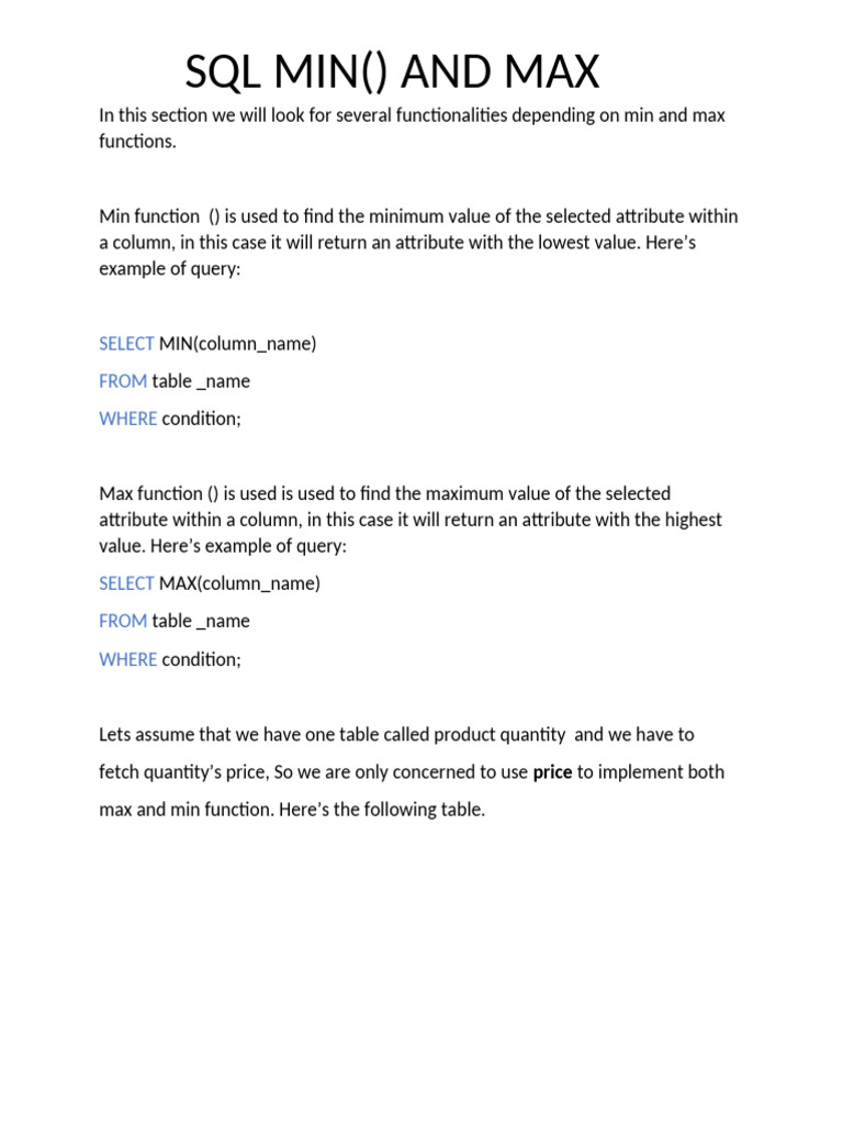 In This Section We Will Look For Several Functionalities Depending On Min and Max Functions | PDF