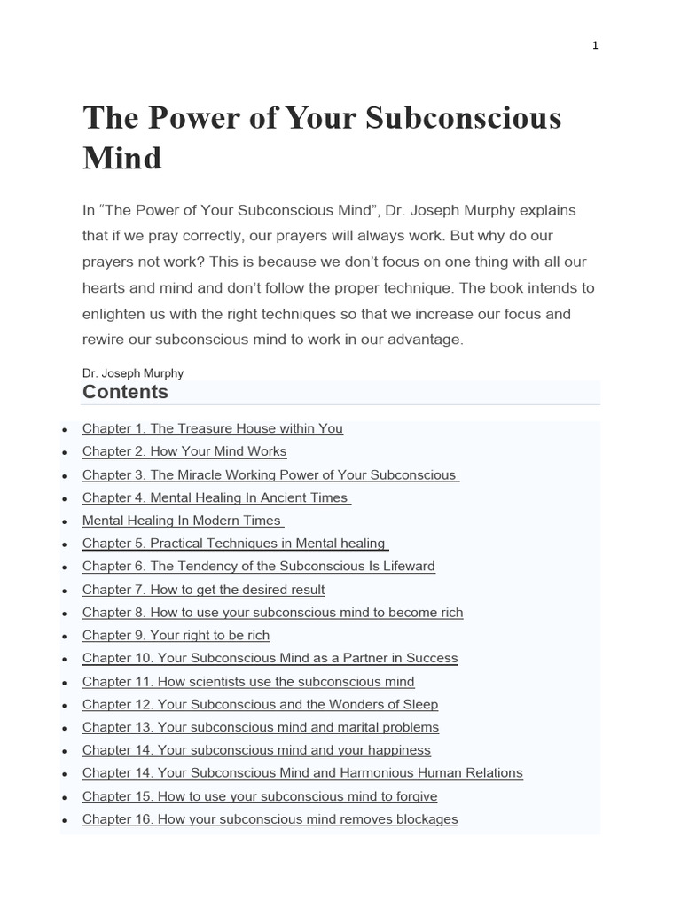 The Power of Your Subconscious Mind-Summary | PDF | Mind | Thought