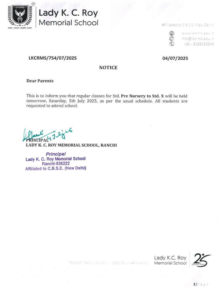 Notice No. 754 (Re. Regular Classes On 05-07-2025, Saturday) | PDF
