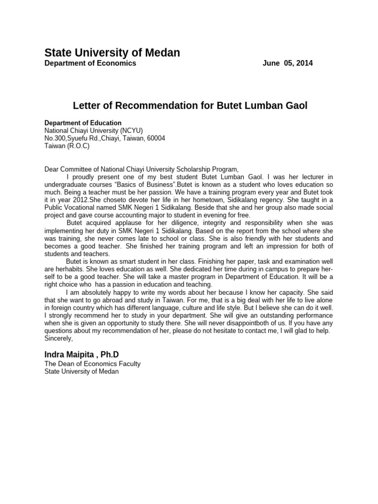Recommendation Letter for Butet Lumban Gaol | PDF