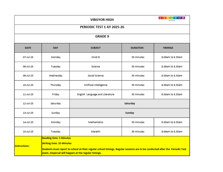 CBSE - Grade 9 - PT1 - Timetable - AY 25-26 | PDF