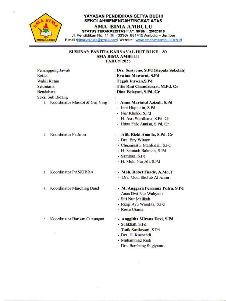 Susunan Panitia Karnaval Hut Ri 80 Sma Bima Ambulu 2025 | PDF