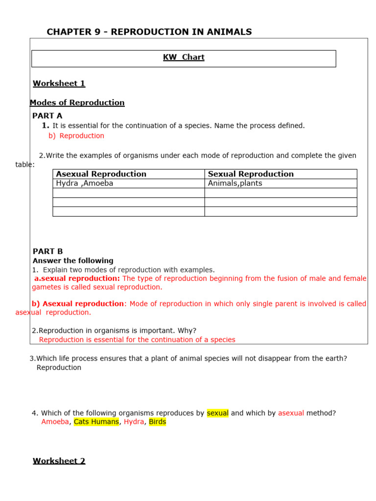 Work Book Ans KEY Reproduction in Animals | PDF | Fertilisation ...