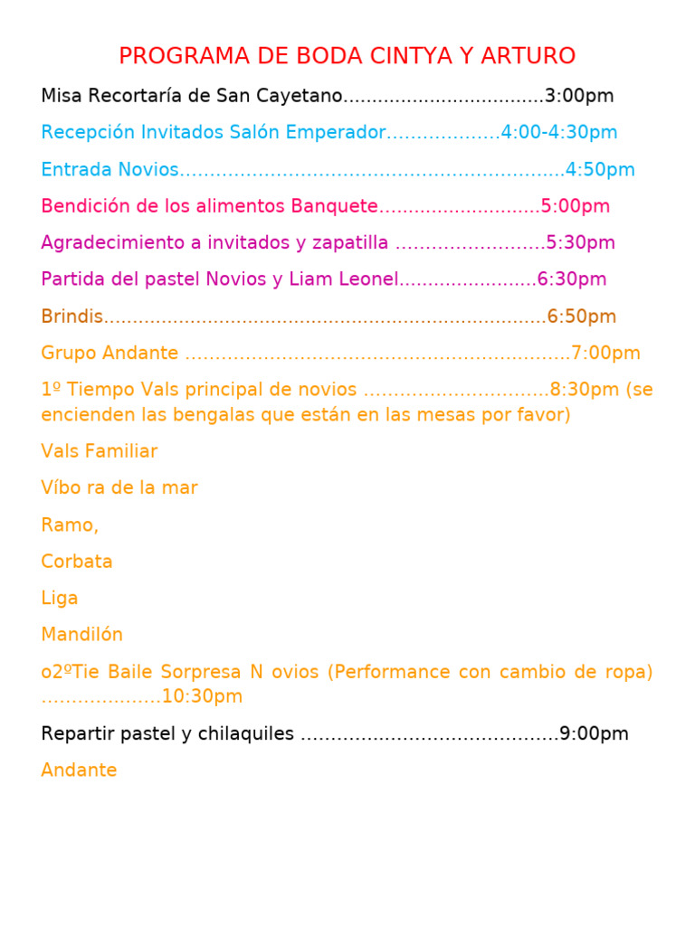 Programa de Boda Cintya y Arturo | PDF