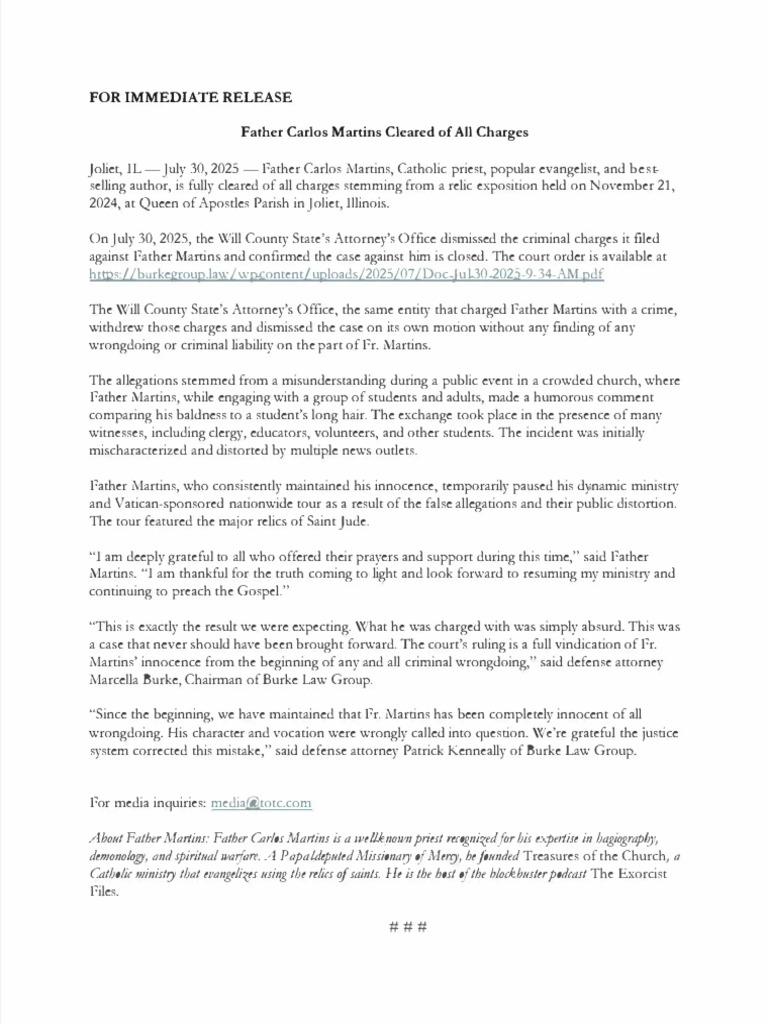 Public Statement On Behalf of Fr. Carlos Martins | PDF