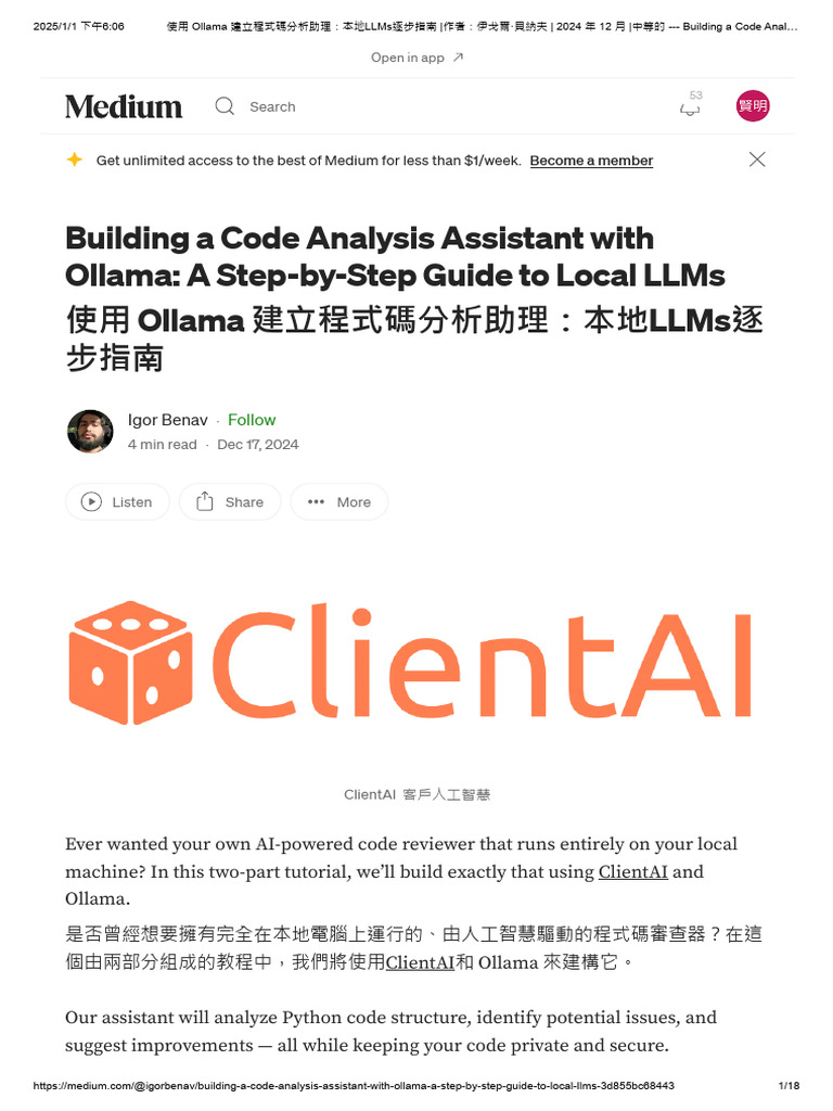 使用 Ollama 建立程式碼分析助理：本地LLMs逐步指南 - 作者：伊戈爾·貝納夫 - 2024 年 12 月 - 中等的 ...