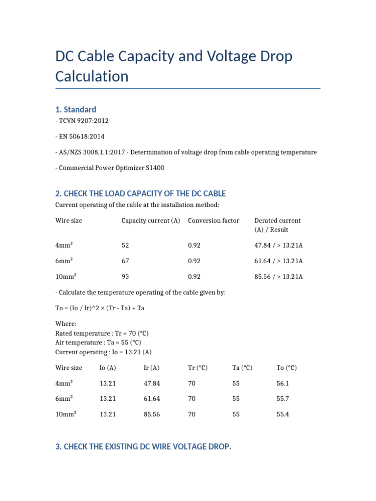 DC Cable Capacity and Voltage Drop | PDF