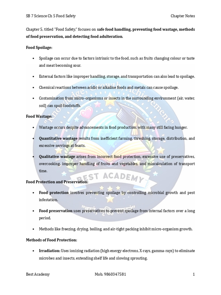 SB 7 Science CH 5 Food Safety Chapter Notes | PDF | Food Preservation ...