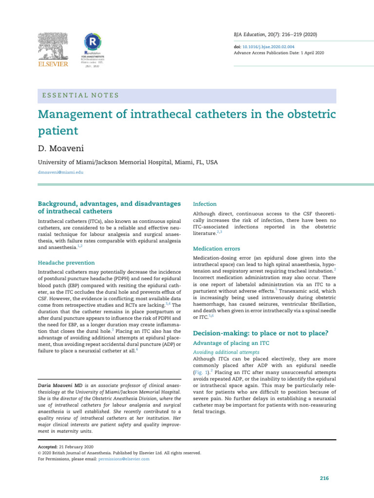 Management of Intrathecal Catheters in The Obstetric Patient | PDF ...