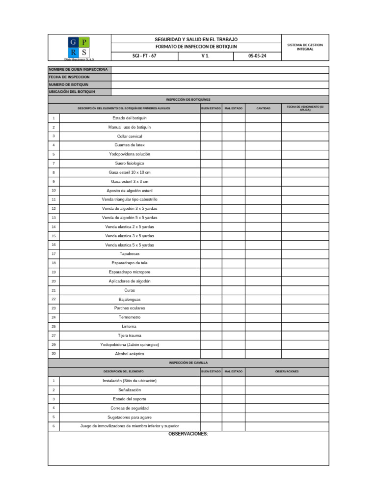 Sgi-Ft-024 Formato de Inspeccion de Botiquin y Camilla | PDF