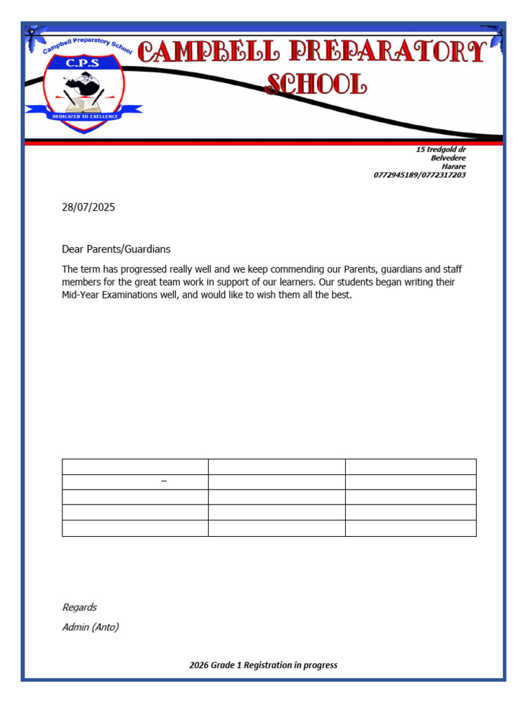 2026 Grade 1 Registration Details | PDF