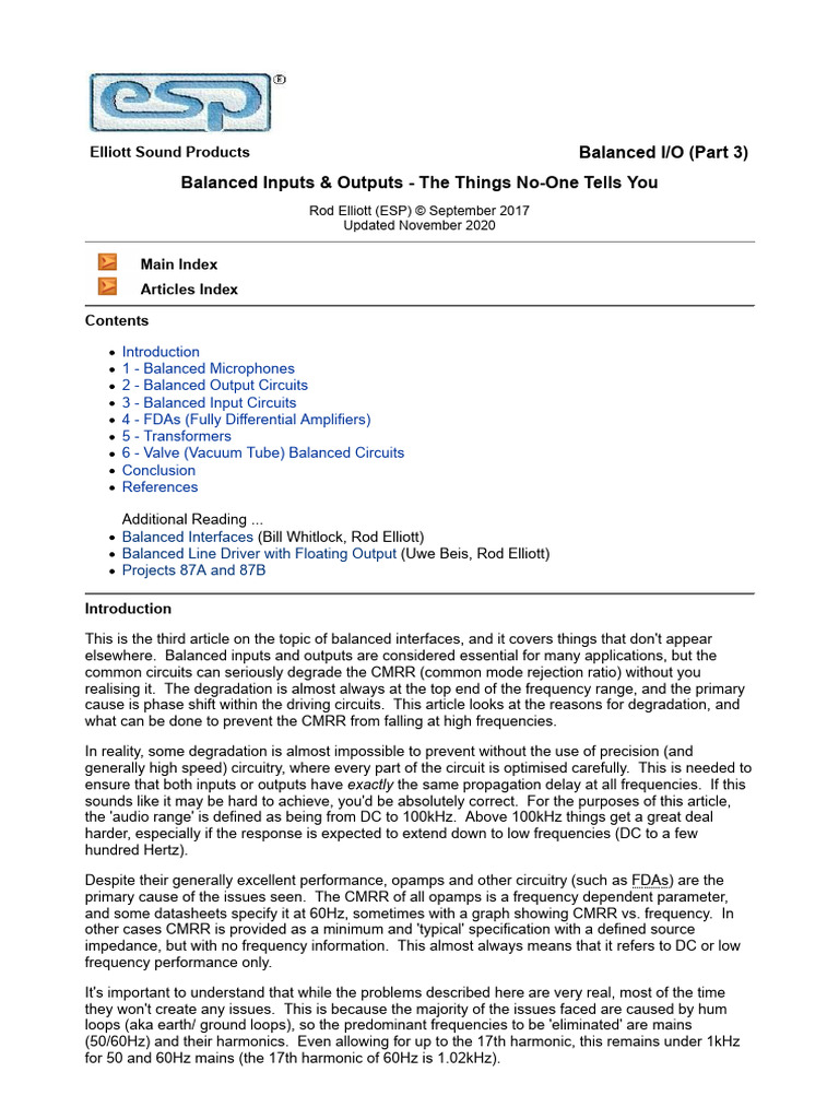 Balanced Inputs & Outputs - The Things No-One Tells You (R. Elliott ...