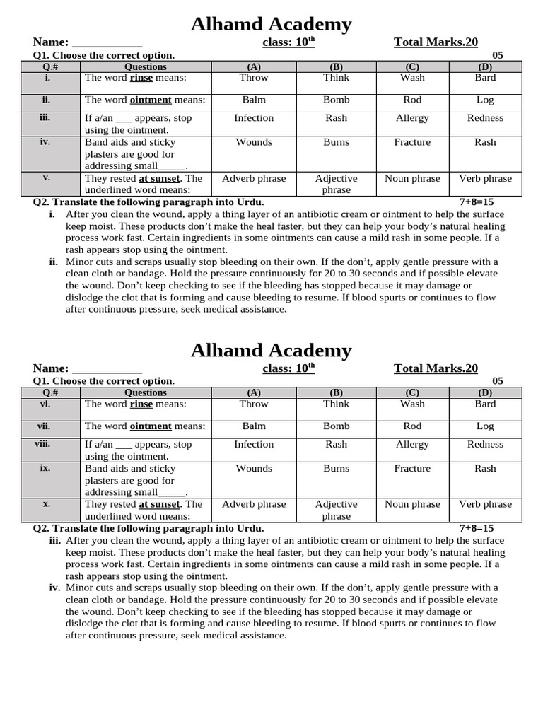 10th Calss English Unit 4 Test | PDF | Topical Medication | Bleeding