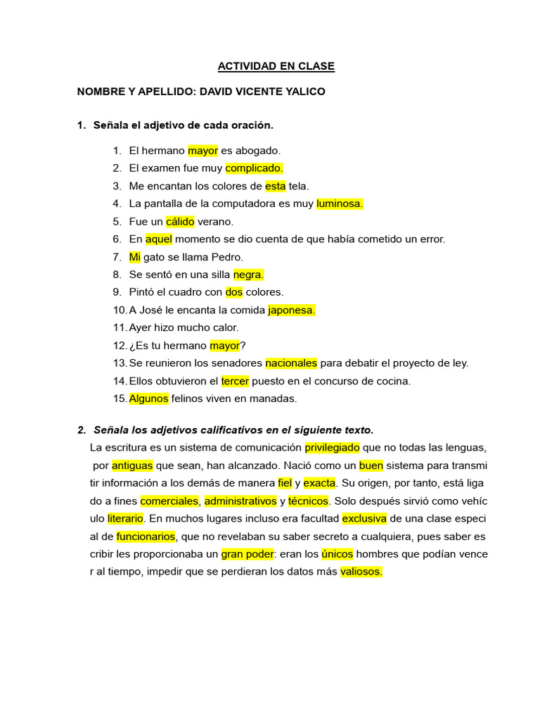 Actividad en Clase - Adjetivos | PDF