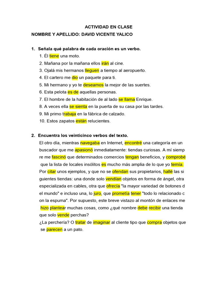 Actividad en Clase - Verbo | PDF