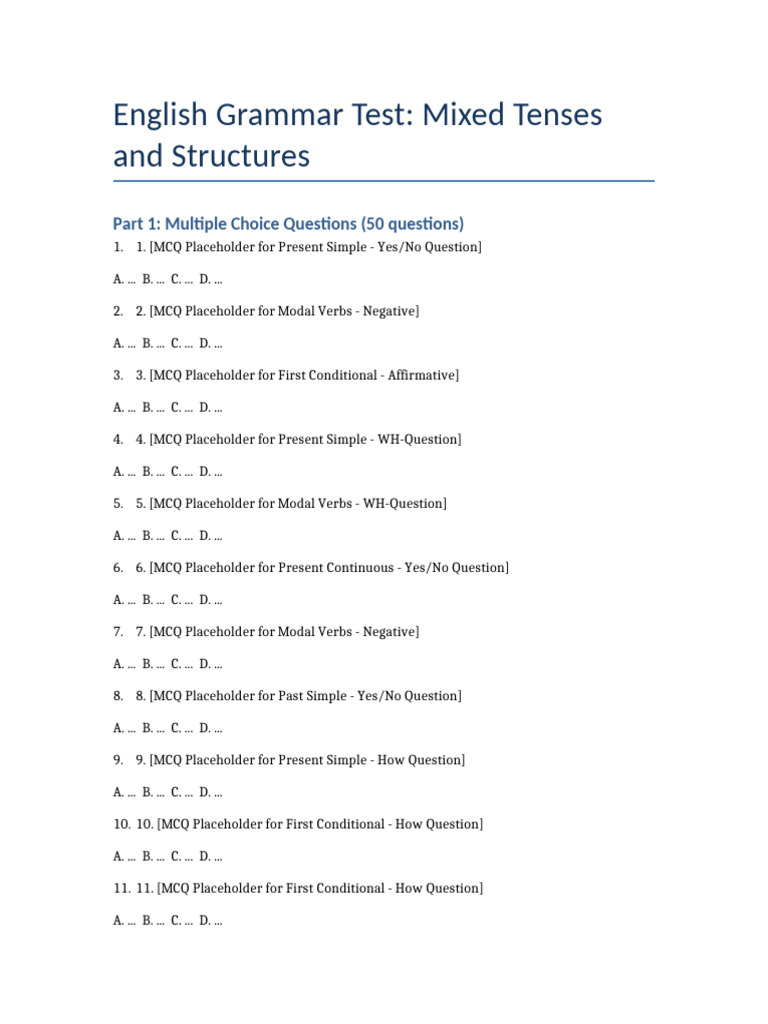 English Grammar Test Mixed Tenses | PDF | Multiple Choice | Question