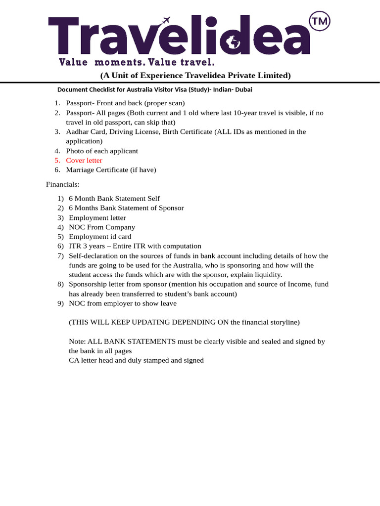 Australia Visitor Visa Document Checklist | PDF
