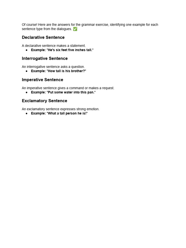Grammar Exercise Answers by Sentence Type | PDF