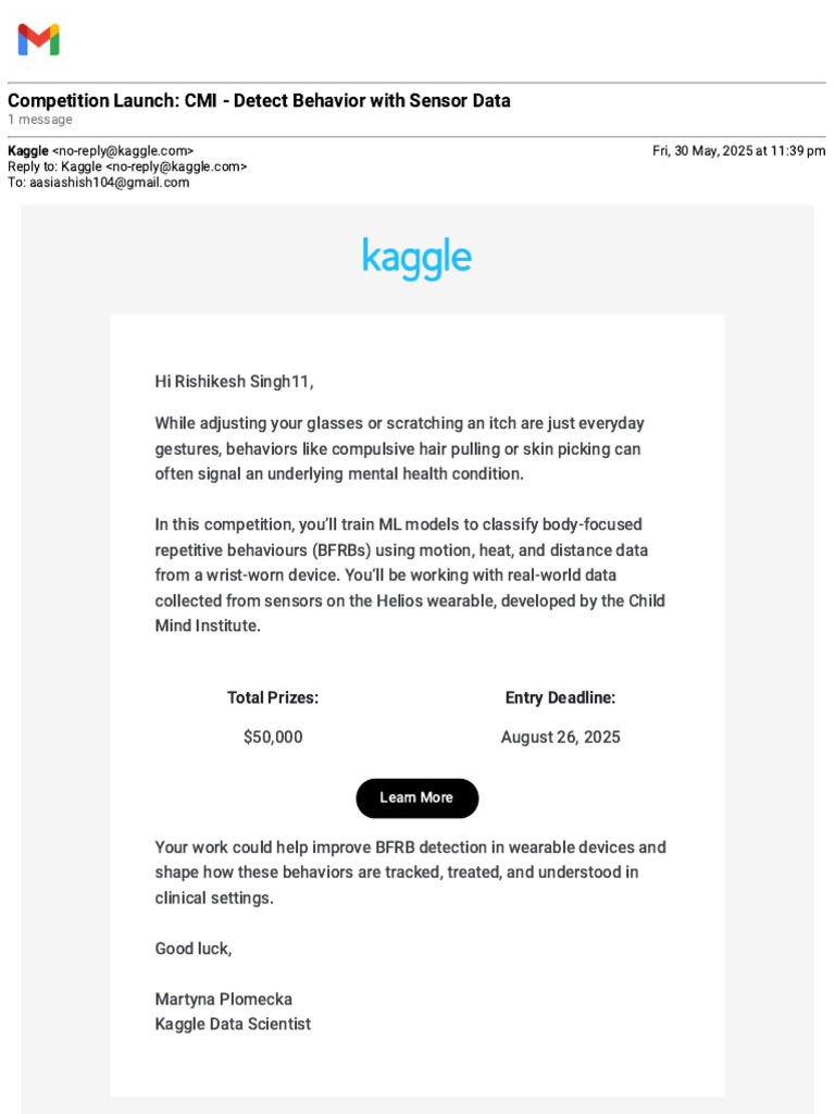 Gmail - Competition Launch - CMI - Detect Behavior With Sensor Data | PDF
