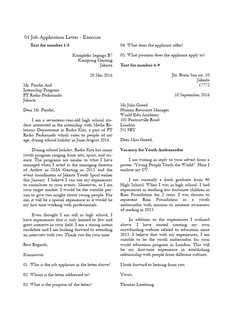 01 Job Application Letter - Exercise | PDF