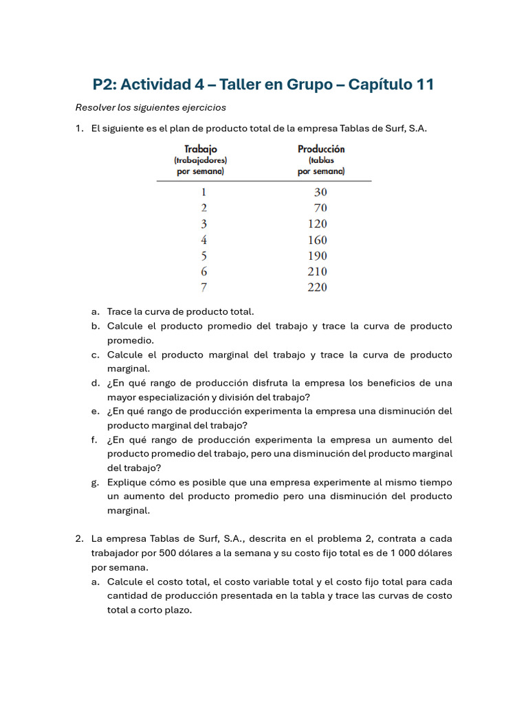 P2 Actividad 4 - Taller en Grupo Capitulo 11 | PDF | Costo marginal | Economias
