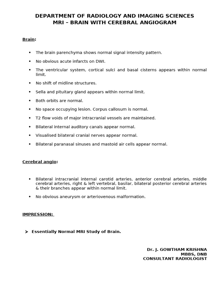 MRI Brain With Cerebral Angio (Stroke Protocol) | PDF