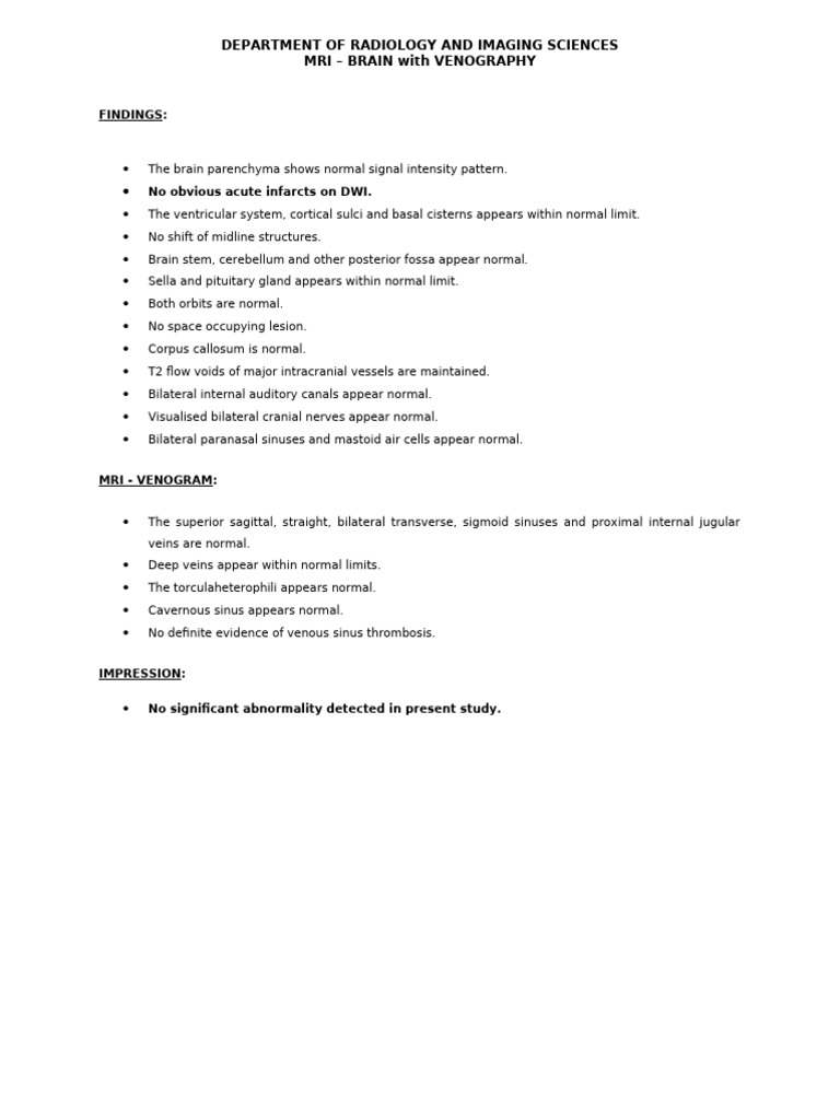 MRI Brain With Venogram | PDF